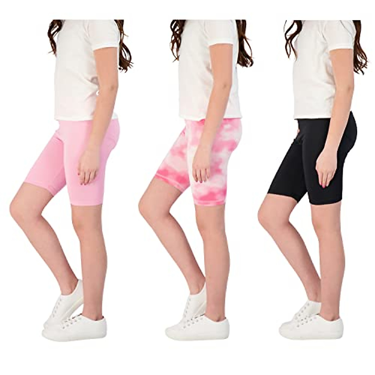 Hind 3-Pack Girls Athletic Shorts, Bike Shorts, Workout Clothes for Girls (Tie Dye-Light Pink-Black, 7-8)