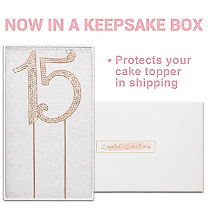 15 Cake Topper - Premium Rose Gold Metal - 15th Birthday or Anniversary Party - Sparkly Rhinestone Quinceanera Cake Topper Decoration Makes a Great Centerpiece - Now Protected in a Box