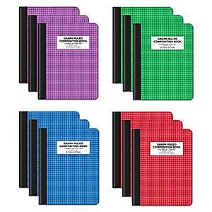 Better Office Products Quad Ruled Composition Book Notebook, 12 Pack, Hardcover 4x4 Graph Ruled Paper, 80 Sheets, 9.75" x 7.5", Assorted Color Covers, 12 Pack