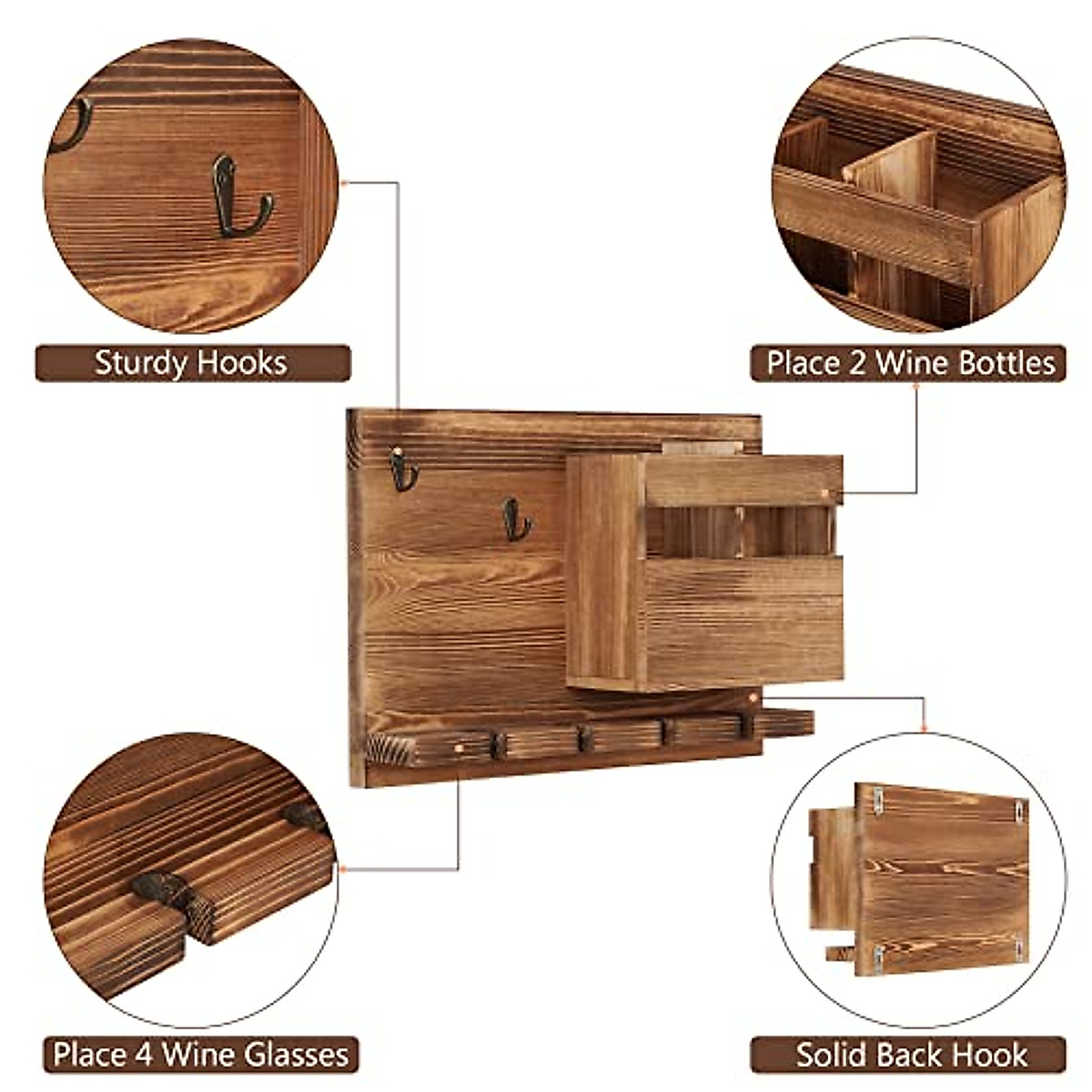 WGFKVAS Wine Rack Wall Mounted with Glass Holder and Cup Hook, Thickened Pine Wood Wine Shelf Rustic Wine Display Storage Rack, Gifts for Wine Lovers, Mother's Day, Birthday