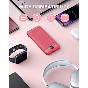 VRURC Portable Charger Built-in Cables and AC Wall Plug, USB C Power Bank 10000mAh, [2023 Upgraded Version] Phone Charger Compact Lightweight External Battery Pack for Smart Phones, Tablets etc-Red