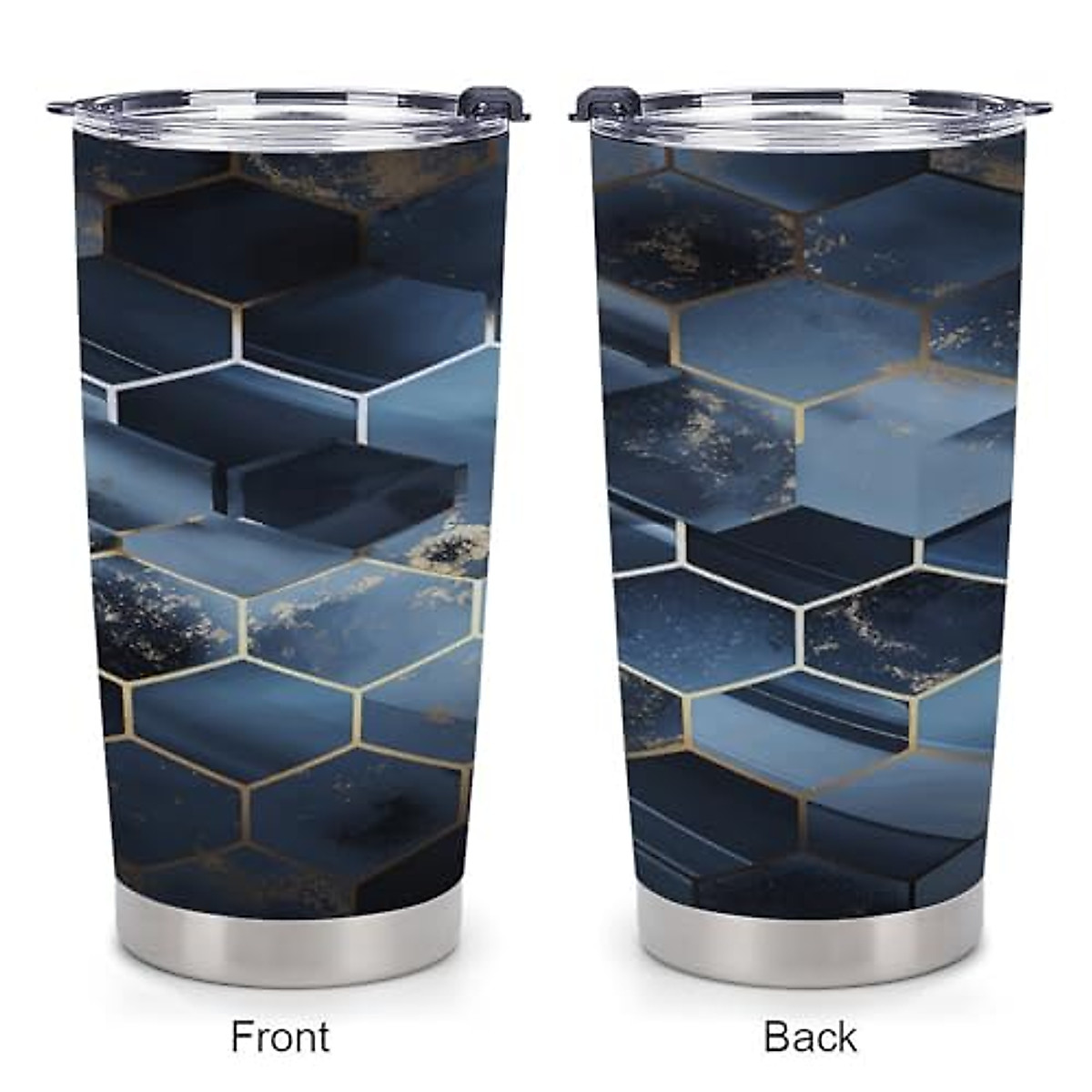 FHENMSA Reusable Plastic Water Cups with Lids,Blue Hexagons And Diamonds Print Anti-overflow Cup,sports Travel Coffee Cup