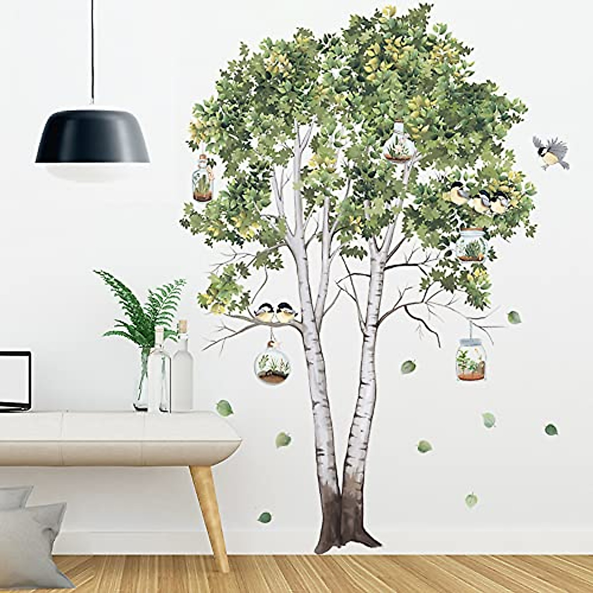 WAFT YEARN Vinyl Removable Birch Tree Bird Green Plants Leaves Leaf Wall Decal Wall Stickers for Nursery School Classroom Bedroom Bathroom Boys Girls Room Playroom Office 28.3 Inch by 40.1 Inch