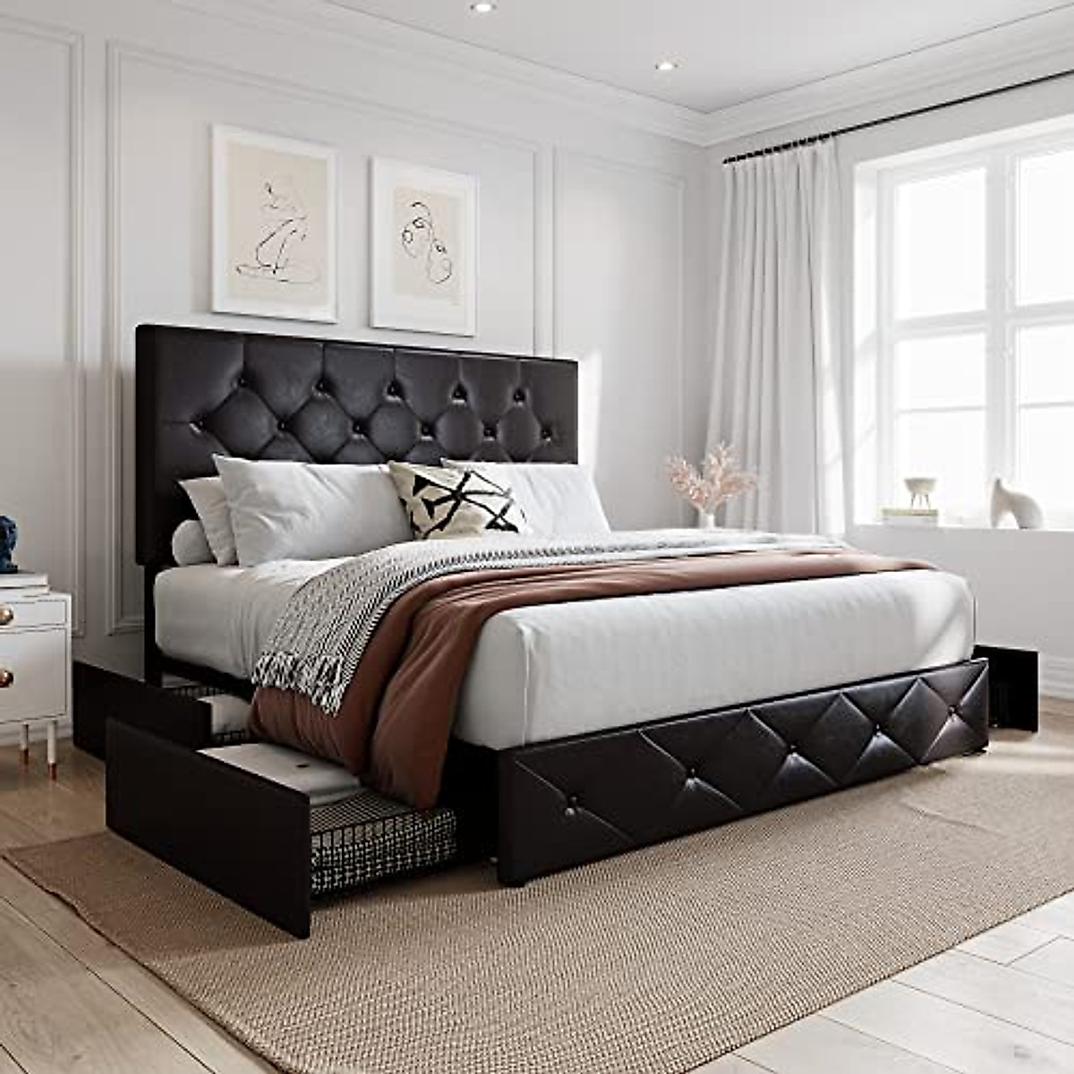 SHA CERLIN Upholstered King Platform Storage Bed Frame with 4 Drawers, Adjustable Headboard with Faux Leather Diamond Button Tufted Design, Wooden Slat Support, No Box Spring Needed, Black Brown