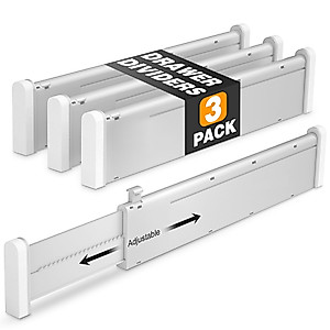 HiYZ Expandable Drawer Dividers - 12.6-22.8'' Adjustable Drawer Divider Organizers for Kitchen Utensils, Drawer Separators in Bedroom, Dresser, Office, Bathroom, Fridge, 3 Pack Long Dividers-Gray