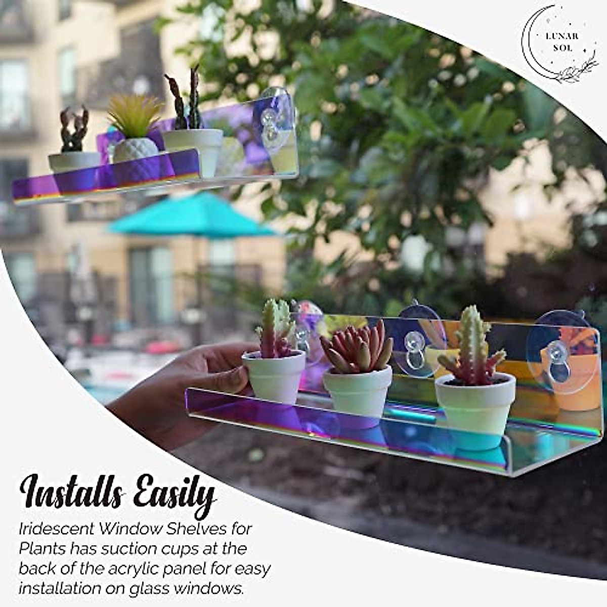 Iridescent Window Shelf for Plants, 2 Acrylic Window Mounted Shelves, Plant Window Shelf For Bathroom, Shower & Kitchen, Rainbow Iridescent Decor Modern Acrylic Suction Cup Window Ledge Plant Shelf