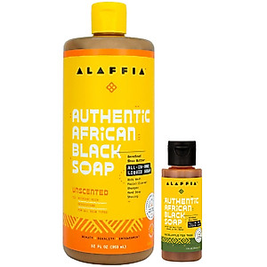 Alaffia Authentic African Black Soap Variety 2-Pack – All-In-One Liquid Soap, Travel-Size Eucalyptus Tea Tree + Full-Size Unscented Body Wash, Face Wash, Shampoo, Shaving Soap