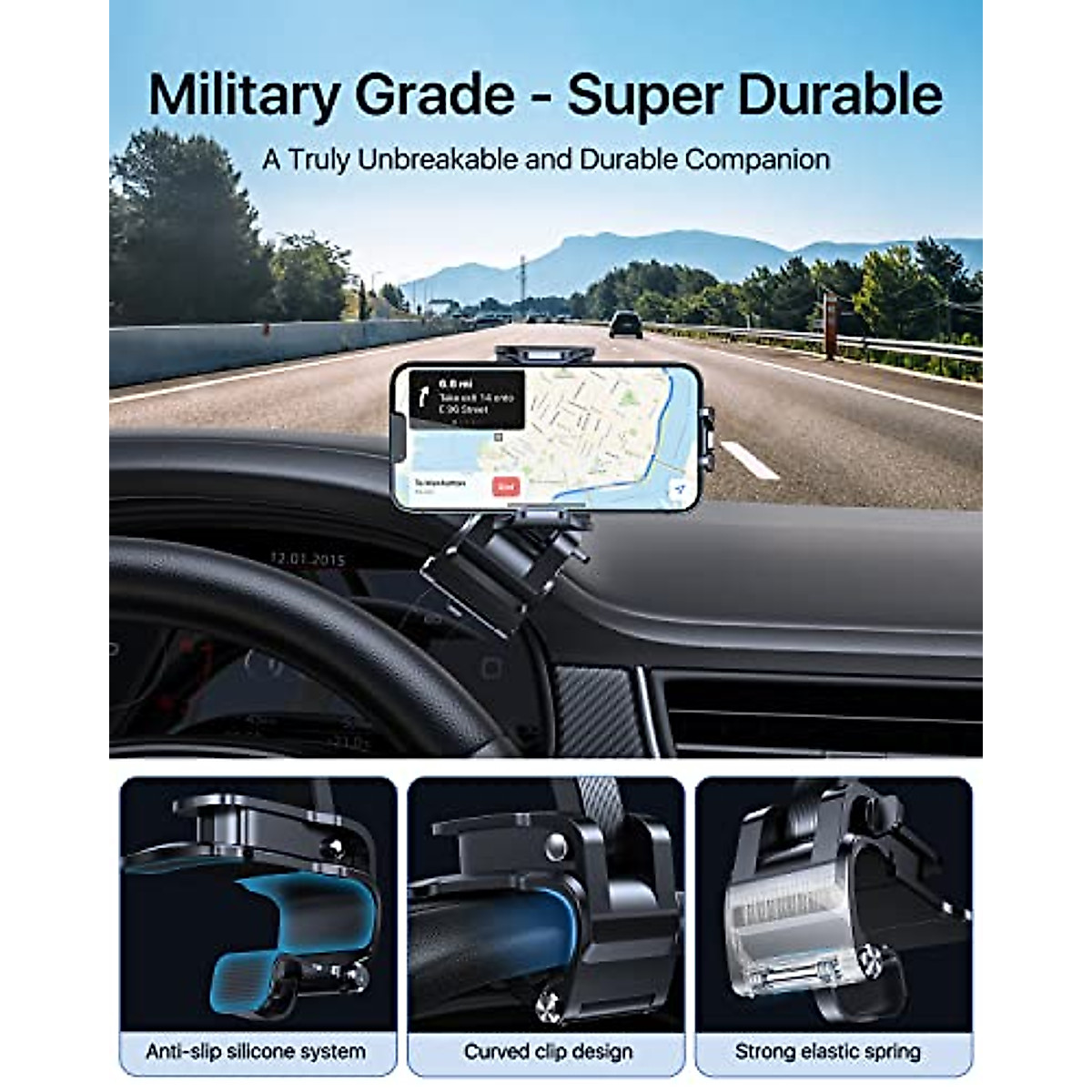 andobil Universal Car Phone Clip Holder [Military Sturdy, Firmly Grip & Never Slip] Ultra Stable Dashboard Cell Phone Mount for Car Dash Fit for All iPhone 14 13 12 Pro Max Android Samsung GPS Devices