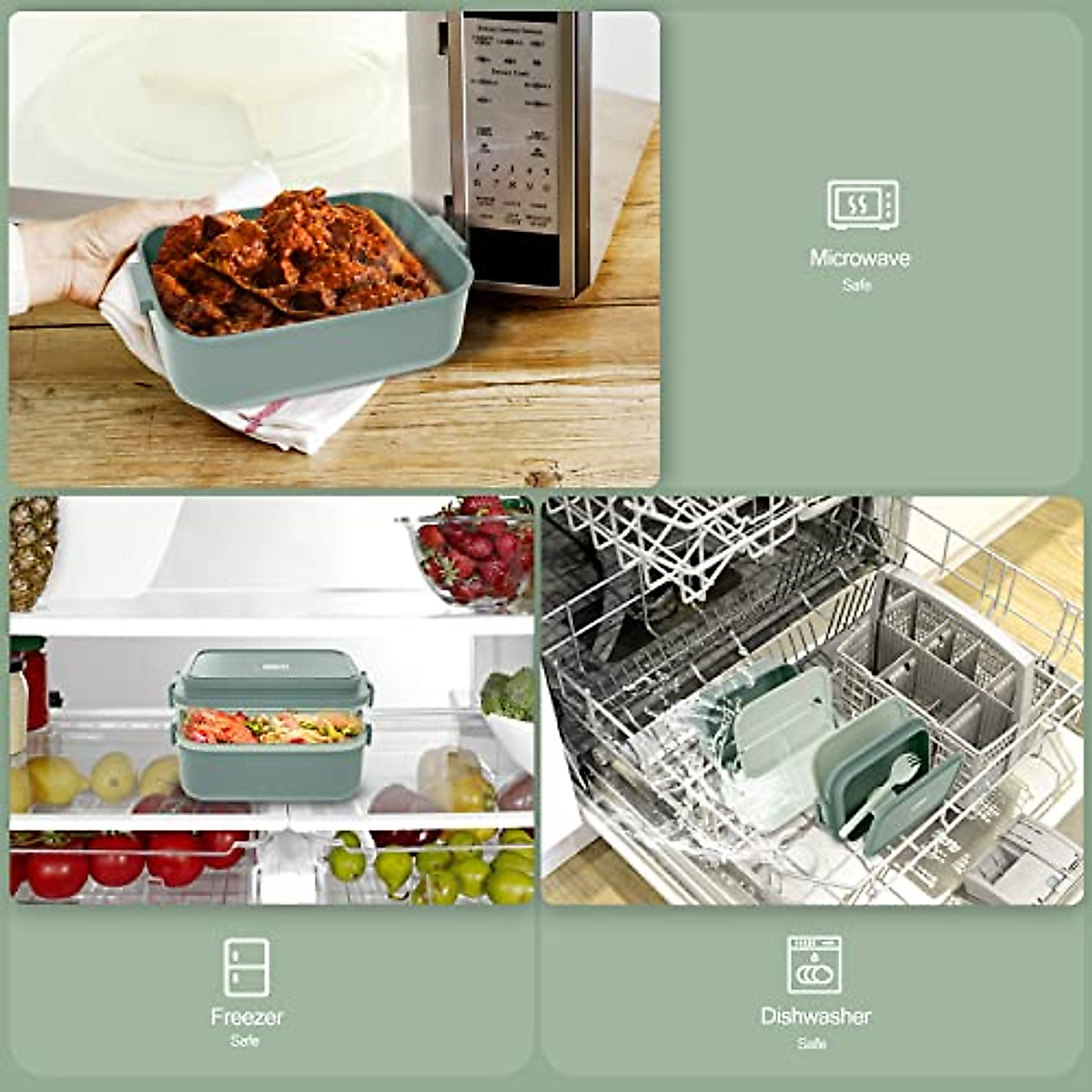 KEMETHY Bento Box Adult For Lunch, Stackable Large Capacity Containers with Tableware and Sauce Cups for Adults, Leak-Proof 2000ML/68OZ Green