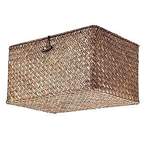 Hipiwe Wicker Shelf Baskets Bin with Lid, Handwoven Seagrass Basket Storage Bins Rectangular Household Basket Boxes for Shelf Wardrobe Home Organizer, Coffee Large
