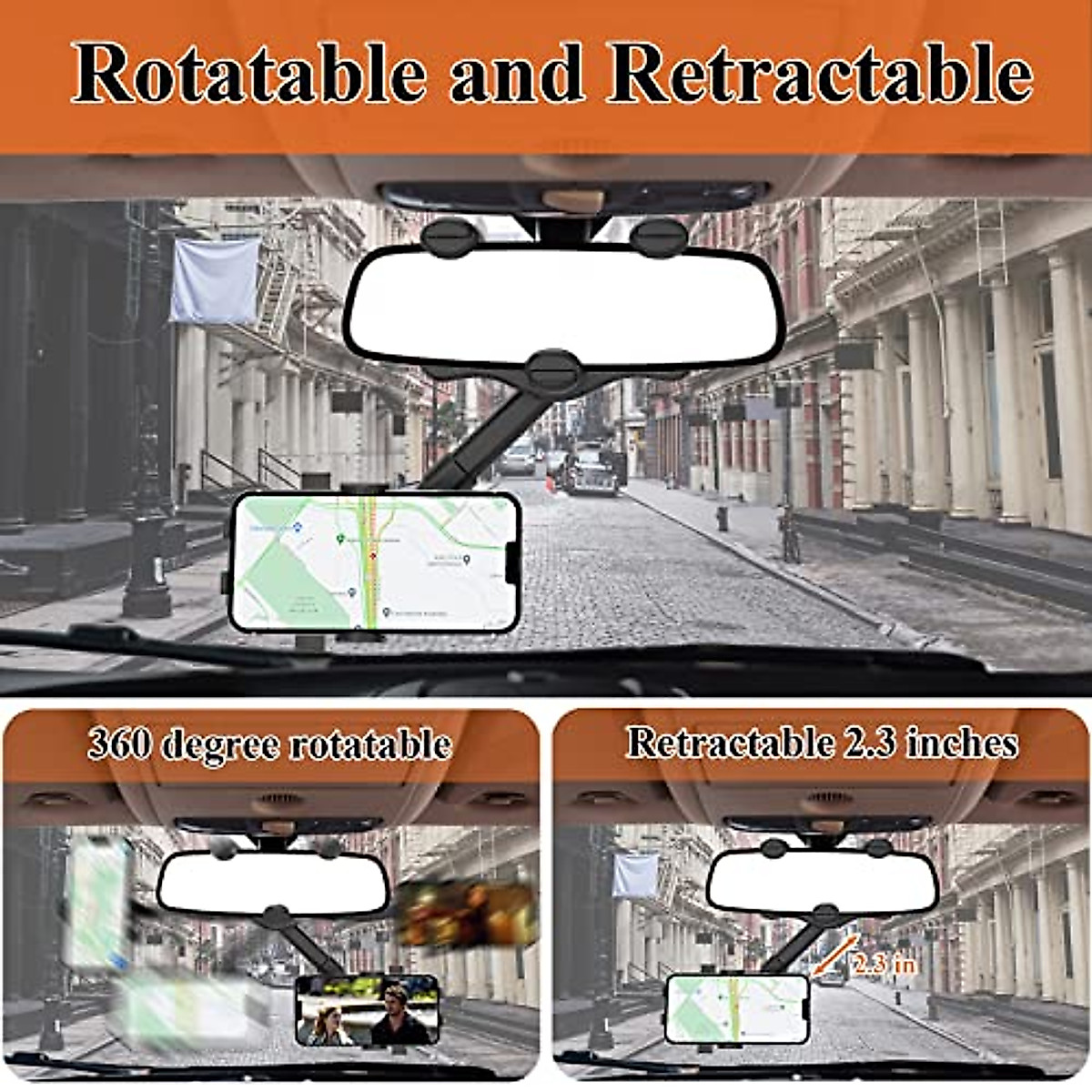 JHZWD Rear View Mirror Phone Holder, Car Phone Holder Rotatable and Retractable Universal Multifunctional Phone Mount for Car