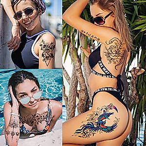 Casciybo Flower Butterfly Temporary Tattoos for Women Girls, 12Sheets Large Black Waterproof Half-Arm Shoulder Adults Fake Tattoo, Blue Realistic That Look Real Last Long Party Favors Supplies Gifts