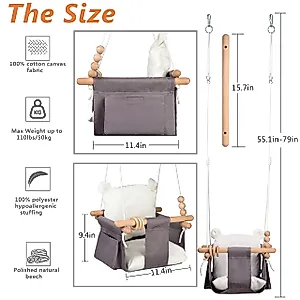 Canvas Baby Hanging Swing Baby Hammock Swings with 2 Side Pockets Safety Belt & Cotton Cushion Seat Infant Baby Swing Fabric Toddler Porch Swing Outside Hanging Baby Tree Swingoor Swings