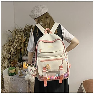 Aoakva Indie Backpack School Japanese Asthetic Backpack INS Travel Bag Large Capacity Kawaii Backpack Prime with Free Plush Bear Pendant (white)