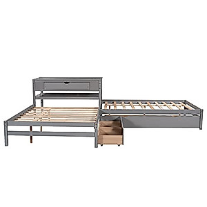 MOEO L-Shaped Full Size Platform Bed with Trundle and Drawers Linked w/ Built-in Desk for Kids, Bedroom, Teens, Adults, No Box Spring Needed, 3 Wood Bedframe in 1, Gray