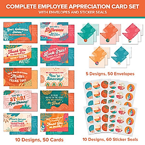 Decorably 50 Pack Employee Appreciation Cards with Envelopes & Stickers, 10 Designs Blank Inside Staff Appreciation Cards, 6x4in Employee Thank You Cards for Employees Appreciation Cards for Coworkers