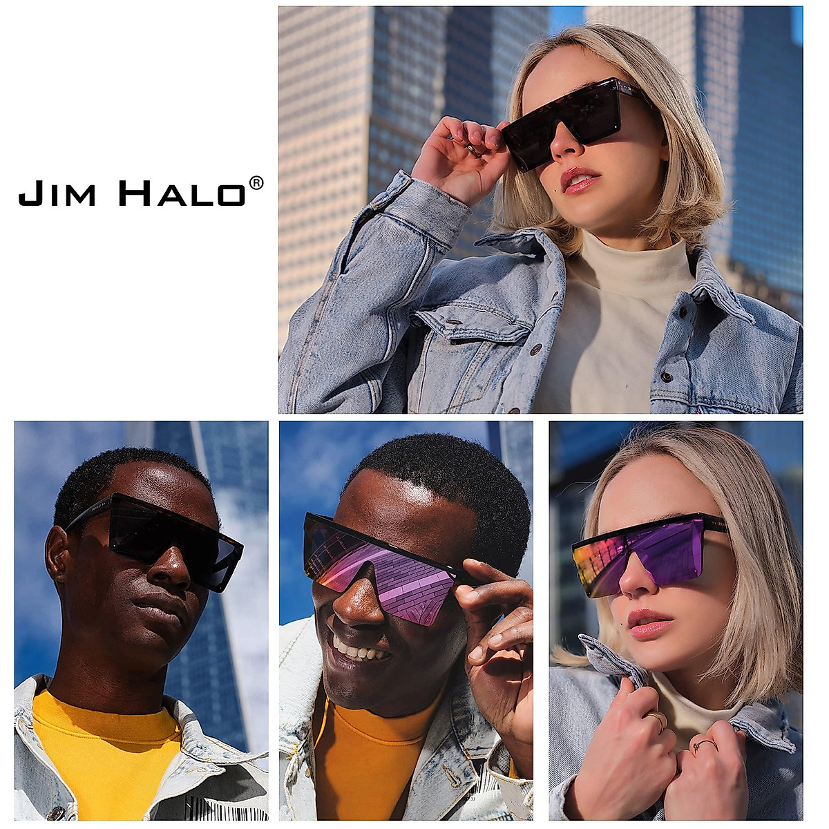 JIM HALO Flat Top Shield Sunglasses Square Mirror Rimless Glasses for Women Men (Black Frame/Mirror Purple Lens)