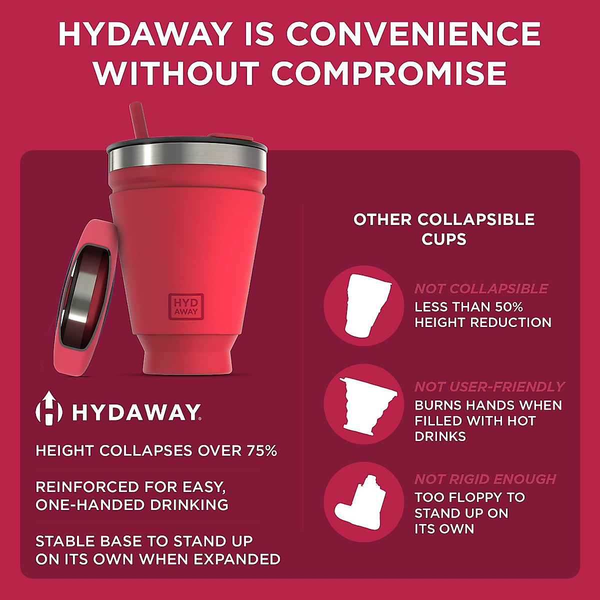 HYDAWAY Collapsible Tumbler with Lid and Straw - 16 oz I Portable, Insulated Silicone Travel Mug, Hot & Cold Foldable Cup for Coffee, Tea, Camping & Backpacking, Spill Proof Lid & Steel Rim