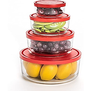 Bormioli Rocco Gelo 4pc Glass Container/Food Storage Set with Red Lid (11.75 oz, 24.25 oz, 44.75 oz, 93.75 oz.), preserving jars, Clear