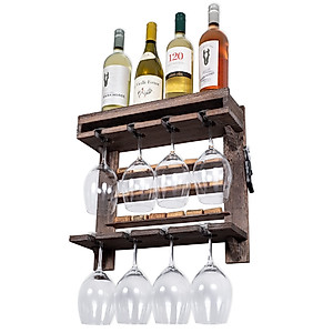Rustic State Veneto Wall Mount Wood Wine Bottle Rack and Stemware Glassware Organizer Shelf Cork Storage - Magnetic Corkscrew Holder for Champagne, Red & White Wine - Home, Kitchen, Bar Décor