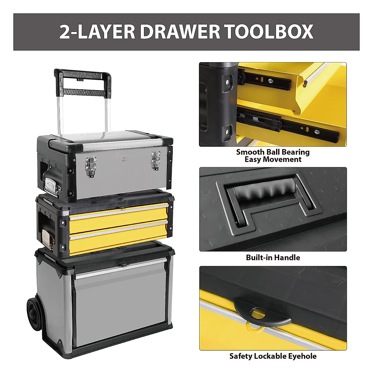 BIG RED Stackable Rolling Tool Box Portable Metal Toolbox Organizer with Wheels and 2 Drawers Separate Rolling Upright Trolley Tool Chest for Garage or Workshop,Yellow,ATRJF-C305ABDY