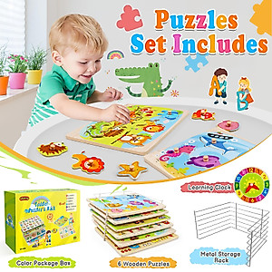 Puzzles for Kids Age 2-4 with Rack and Wooden Clock, 6 Pack Wooden Peg Puzzles for Toddlers with Storage Holder Rack, Educational Toys - Alphabet Number Animal Vehicle Shape
