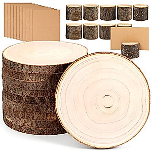 Caydo 10 Piece 9-10 Inch Large Paulownia Wood Slices with 10 Piece Wood Table Number Card Holders and 10 Pieces Cards for Wedding Table Centerpiece Decoration and Home Decoration