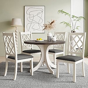 HZSSDTKJ 5-Piece Mid-Century Solid Wood Dining Table Set, 42" Wooden Round Dining Table with 4 Upholstered Chairs for Small Places, Family Kitchen Furniture for 4 People (Brown+Gray-02)
