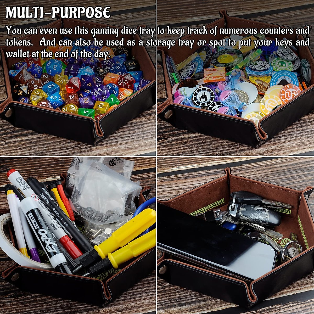 D&D Dice Tray PU Leather Hexagon Dice Holder Printed with Beholder Portable and Foldable Dice Rolling Mat for Board Game and Tabletop RPG (Style B)
