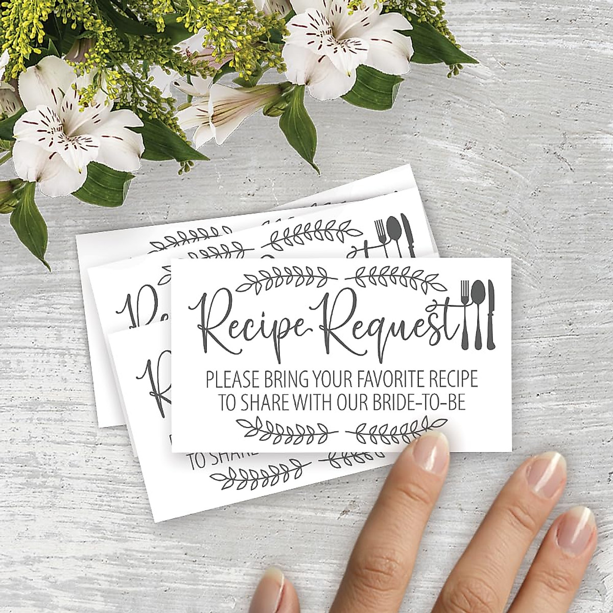 50 Bridal Shower Recipe Request Cards - Laurel and Utensil Silhouette Design - Invitation Inserts