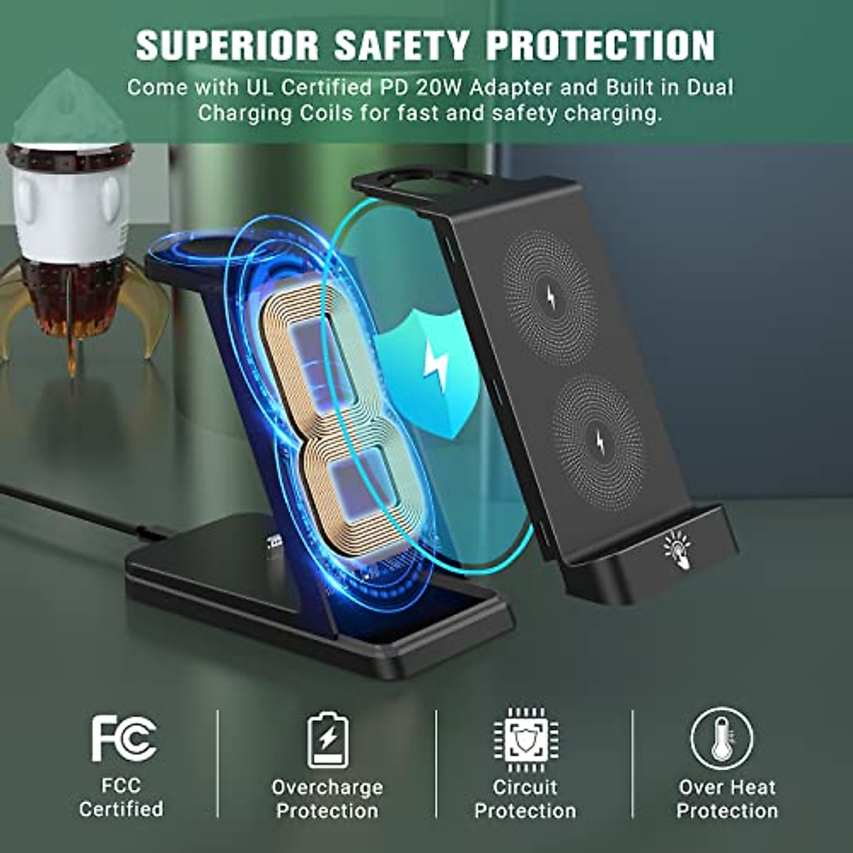 Charging Station for Apple Devices, 3 in 1 Wireless Charger Stand with 20W USB C Adapter Compatible with iPhone 14 13 12 11 Pro Max 8 XS XR, Fast Charging Stand Dock for Apple Watch Series & AirPods