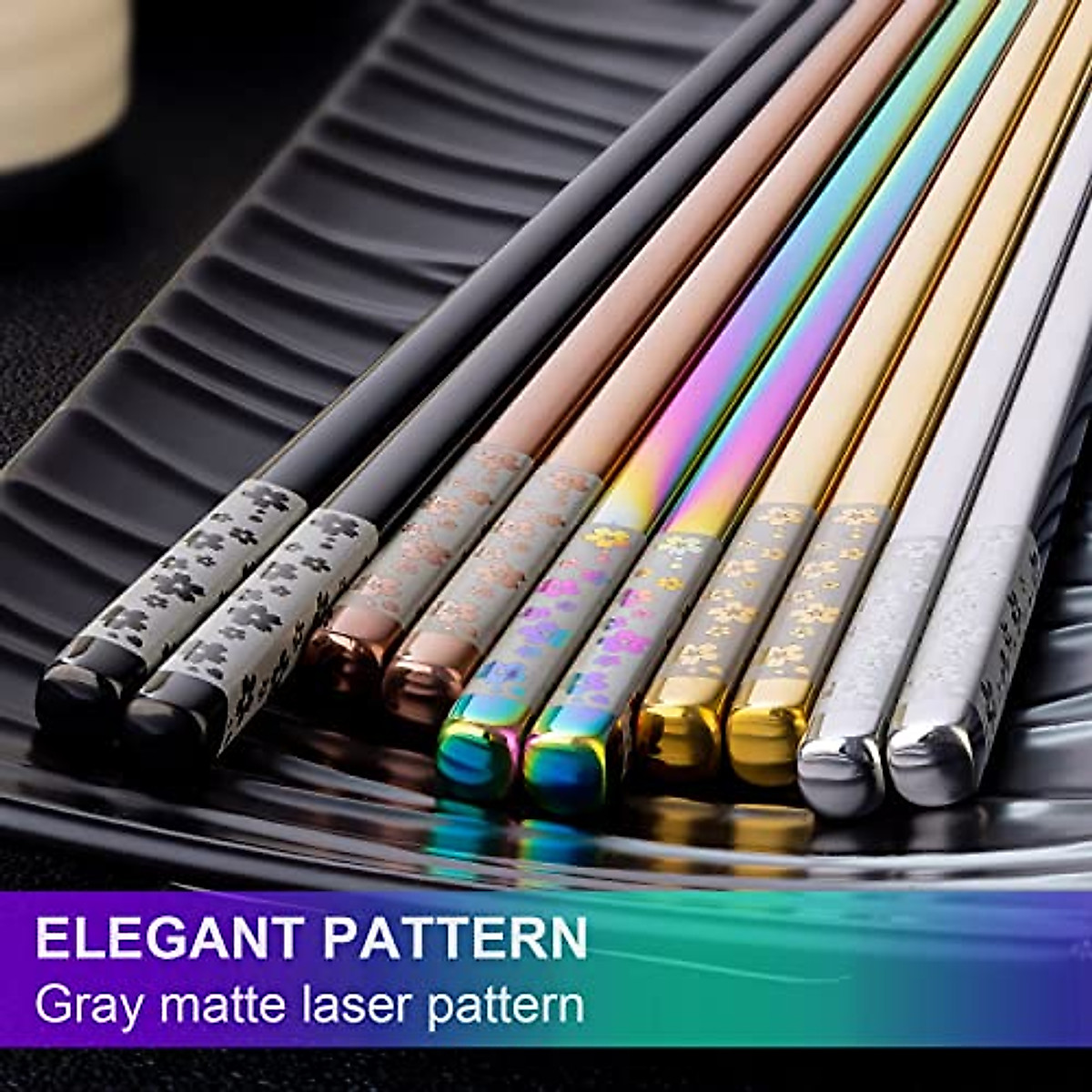 FOFAYU Metal Chopsticks Reusable 5 Pairs Multicolor Stainless Steel Chopsticks Dishwasher Safe Square Lightweight Non-Slip Chop Sticks Gift Set