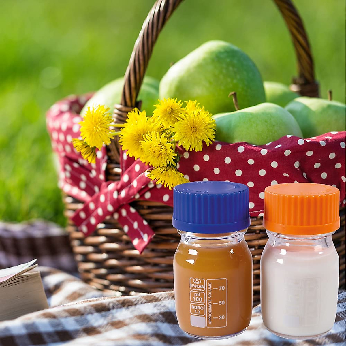 ISOLAB USA – Round Media Storage Bottle, 100ml, with COLOR CODED Screw GL 45 Cap, Borosilicate 3.3 Glass, Pack of 10