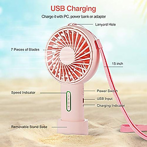 IPOW Mini Handheld Fan Personal Portable Fan 3 Speed Adjustable Angle Removable Base Lanyard USB Recharging Battery Operated Small Desk Cooling Face Fan for Home Camping Disney Travel Peach Pink