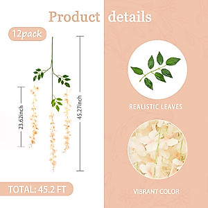 Luerbi 12 Pack Champagne Wisteria Hanging Flowers Garland, 3.77 Feet Artificial Flower Vines, Fake Wisteria, Artificial Vines Hanging Garland for Backdrop Outdoor Yard Garden Decor