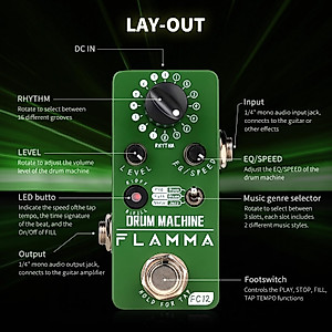 FLAMMA FC12 Drum Machine Guitar Pedal Drum Pedal with Real-Time FILL Function, Guitar Effect Pedal with 48 Drum Grooves 6 Music Styles & Tap Tempo EQ Presets, 44.1kHz/24Bit Mini Pedal