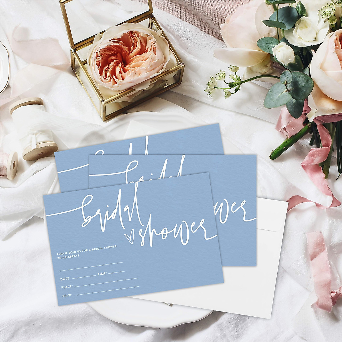 luixd 25 Bridal Shower Invitations - Double-Sided Fill In Minimalism Blue Invites With Envelopes, Invitations For Newlyweds，Bridal Shower, Party Favor & Supplies（Horizontal）- B22