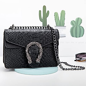 GLOD JORLEE Trendy Chain Crossbody Bags for Women - Luxury Snake-Printed Leather Shoulder Satchel Bag Evening Clutch Purse Handbags (Black, Size:XS)