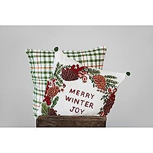 Creative Co-Op Square Cotton Flannel Pillow, Green, White and Sienna