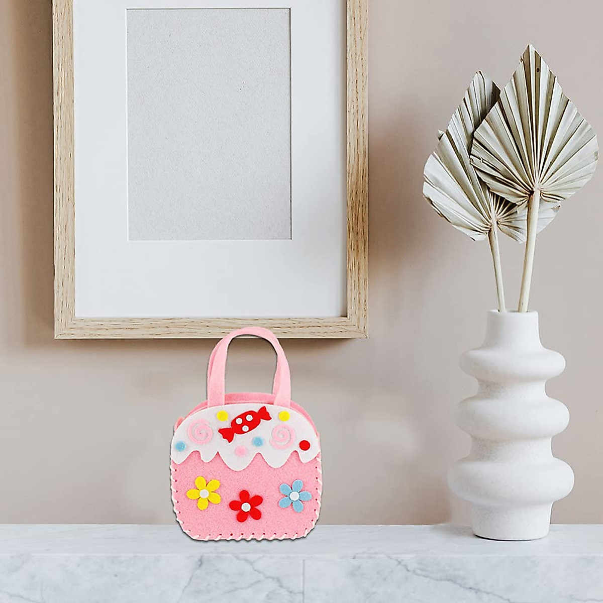 TOYANDONA 6 Sets Kids DIY Art Craft Cartoon Felt Owl Flower Strawberry Cake Girl Handbag Stitch Needle Thread Felt Non Woven Handbag for Beginner Children Girls Boy