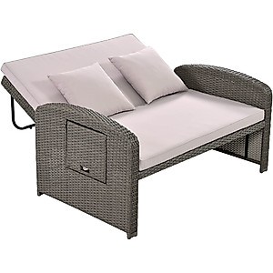PE Wicker Rattan Double Chaise Lounge with Cushions & Pillows, 2-Person Reclining Sunbed with 3-Height Adjustable Back for Patio Balcony, Free Furniture Protection Cover (Gray + Rattan + Foam)