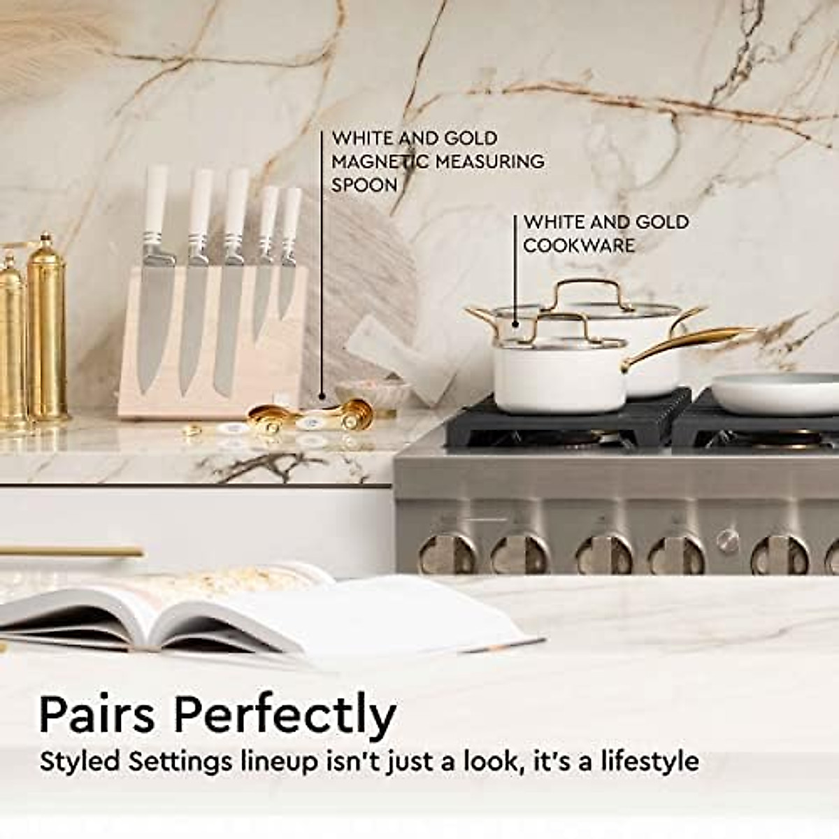 White Knife Set with Magnetic Knife Holder Stand - 6 PC White Magnetic Knife Set Includes White Handle Knife Set with Ashwood Magnetic Knife Block - White Kitchen Accessories, White Kitchen Decor