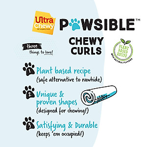 Ultra Chewy Pawsible Chewy Curls - Plant-Based Dog Treats Made in USA, Bacon and Cheese Flavor - Healthy, Wholesome Reward, Easy to Digest Rawhide Free Snack - 7 Count