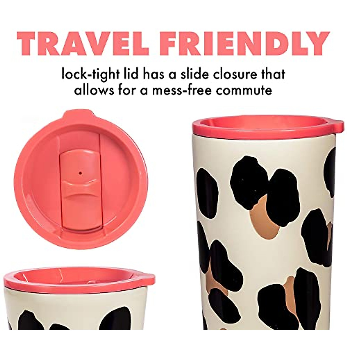 Kate Spade New York Small Insulated Coffee Cup with Lid, Leopard Print Double Walled Stainless Steel Mug, 12oz Coffee Tumbler, Forest Feline