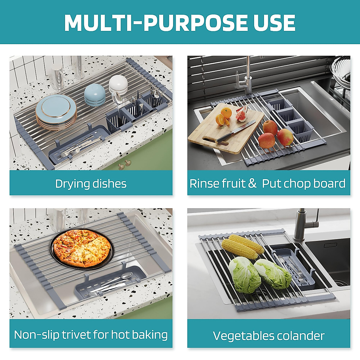 Expandable Roll Up Dish Drying Rack Up to 22.8''with 2 Storage Baskets,Over The Sink Kitchen Rolling up Dish Drainer Dish Drying Rack in Sink, Foldable,Rollable,for Kitchen Dishes,Cups,Fruits,Forks