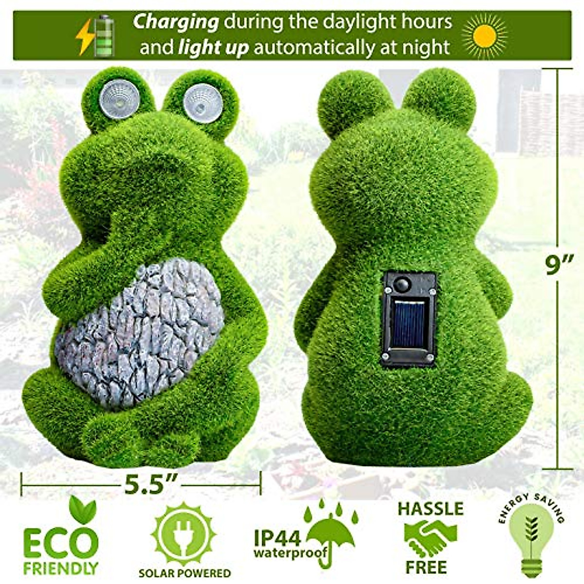 Garden Statue of Frog with Solar Light Eyes - Outdoor Spring Decoration - Garden Frog Figurine for Patio, Balcony, Yard, Lawn Ornament - Unique Housewarming Gift