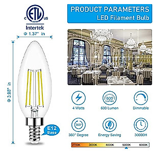 Candelabra LED Bulb, E12 Small Light Bulbs 5000K Daylight Dimmable - 60W Equivalent Ceiling Fan Bulbs Type B Edison Filament Candle Bulbs,Honesorn C35 B11 Clear Glass Chandelier Bulbs 600LM,Pack of 6