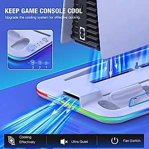 Kawaye PS5 Stand Cooling Fan for Playstation 5, PS5 Vertical Stand Cooler with RGB Light & Dual Controller Charge Station, PS5 Accessories Organizer Stand with 6 Game Slots, Headset Holder