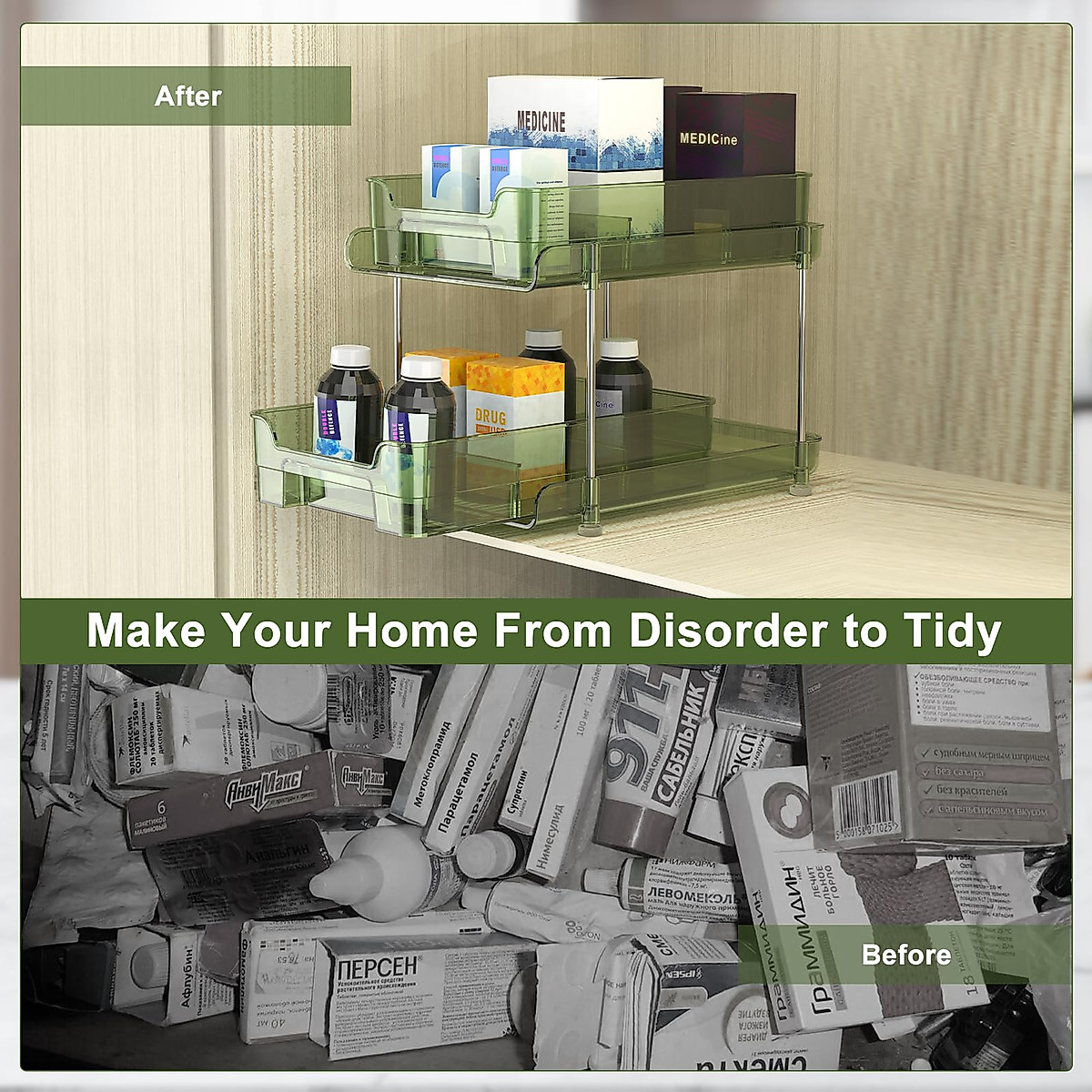 NPET 3 Tier Clear Green Organizer with Dividers for Bathroom, Sliding Cabinet Under Sink Organizer Kitchen, Pull Out Under Cabinet Organizer Storage Container for Pantry, Vanity, Medicine, Counter