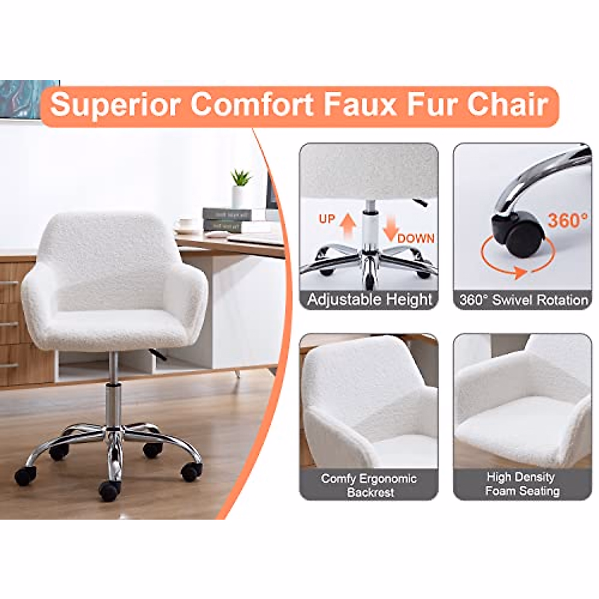 Home Office Desk Chair Height Adjustable - Faux Fur Desk Chair Wheels Swivel Rolling Office Chair, Modern Cute Computer Task Chair, Accent Chair Fluffy Desk Chair White Vanity Chair for Women, Girls